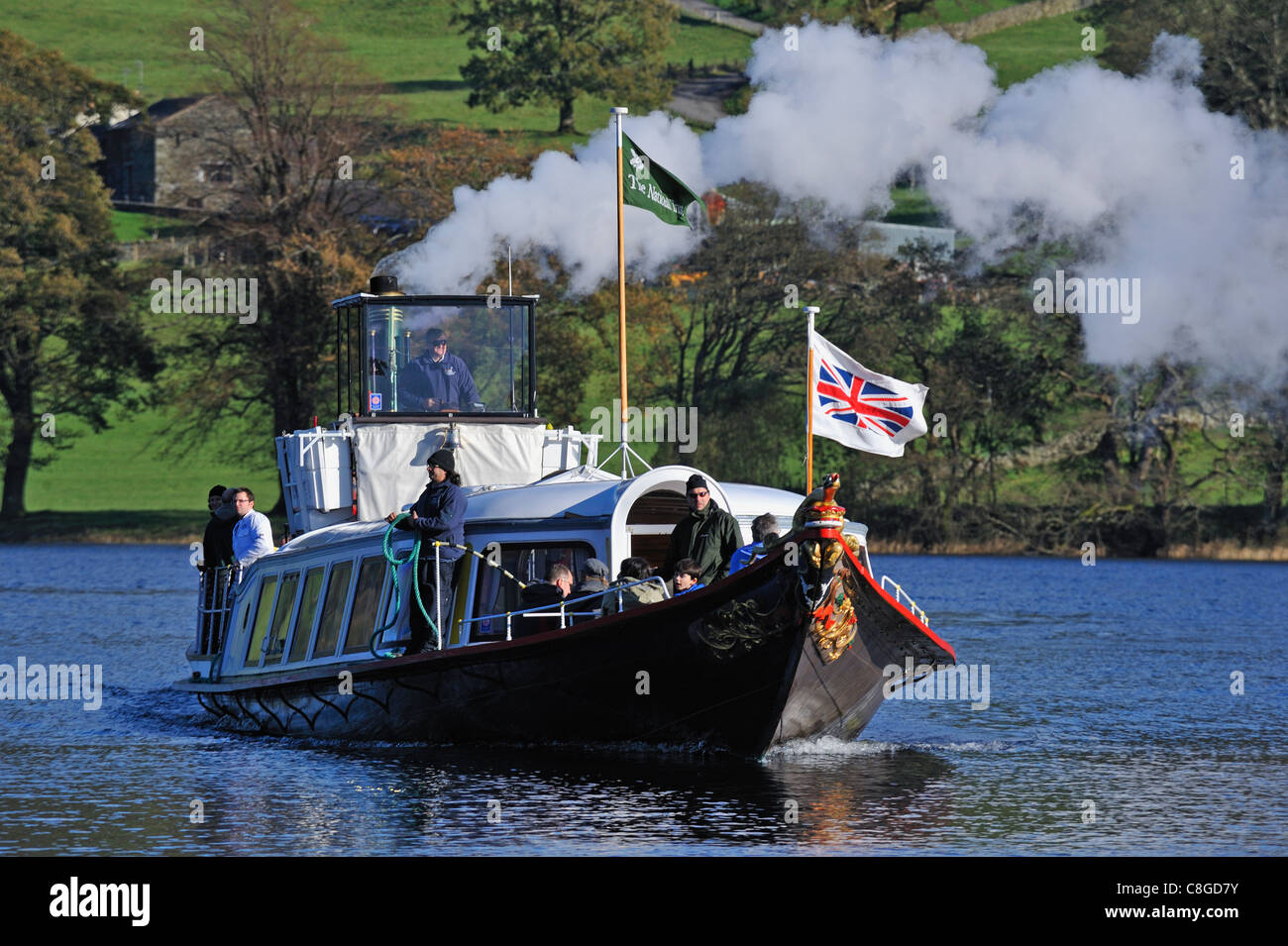 National Trust steam yacht 'Gondola' approaching the jetty. Coniston ...