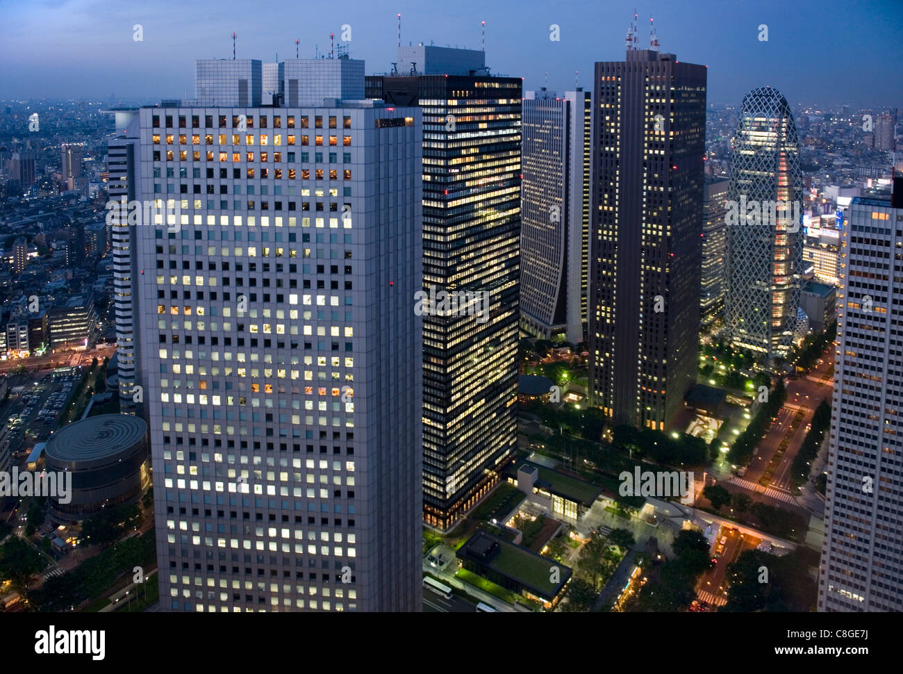 Evening skyline view of skyscraper high-rise corporate buildings in ...