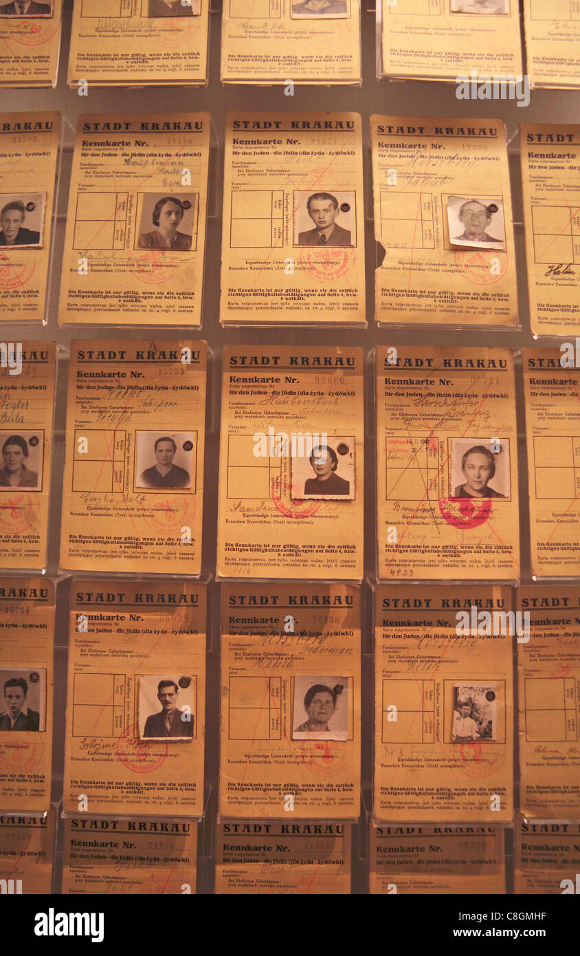 Display showing Jewish identity cards from the Krakow ghetto Poland ...