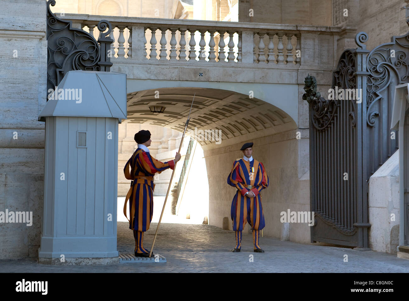 The traditional Swiss guard on duty at the Vatican City Rome Italy ...