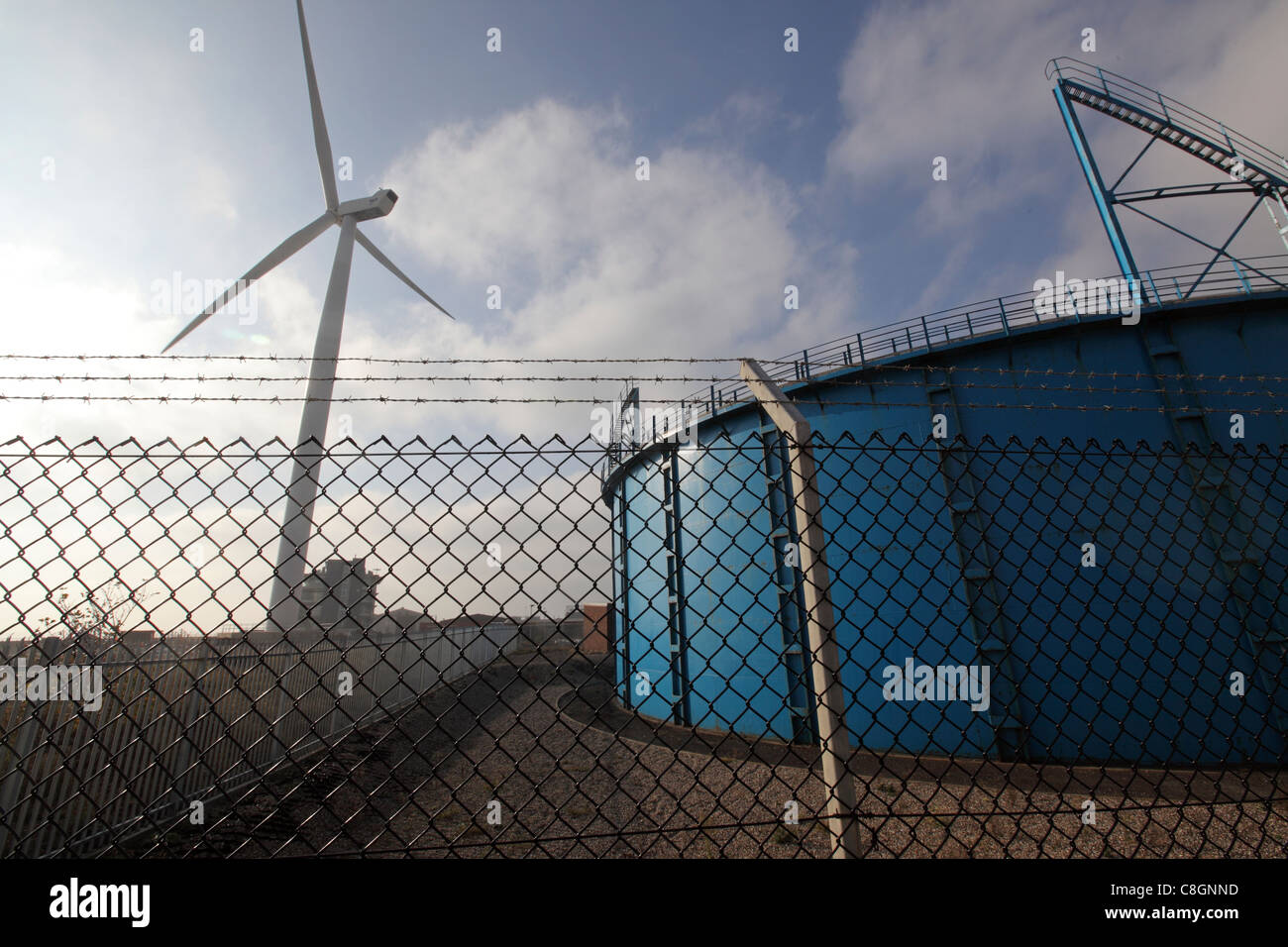 Large onshore wind turbine & gasometer / gas works, carbon based ...