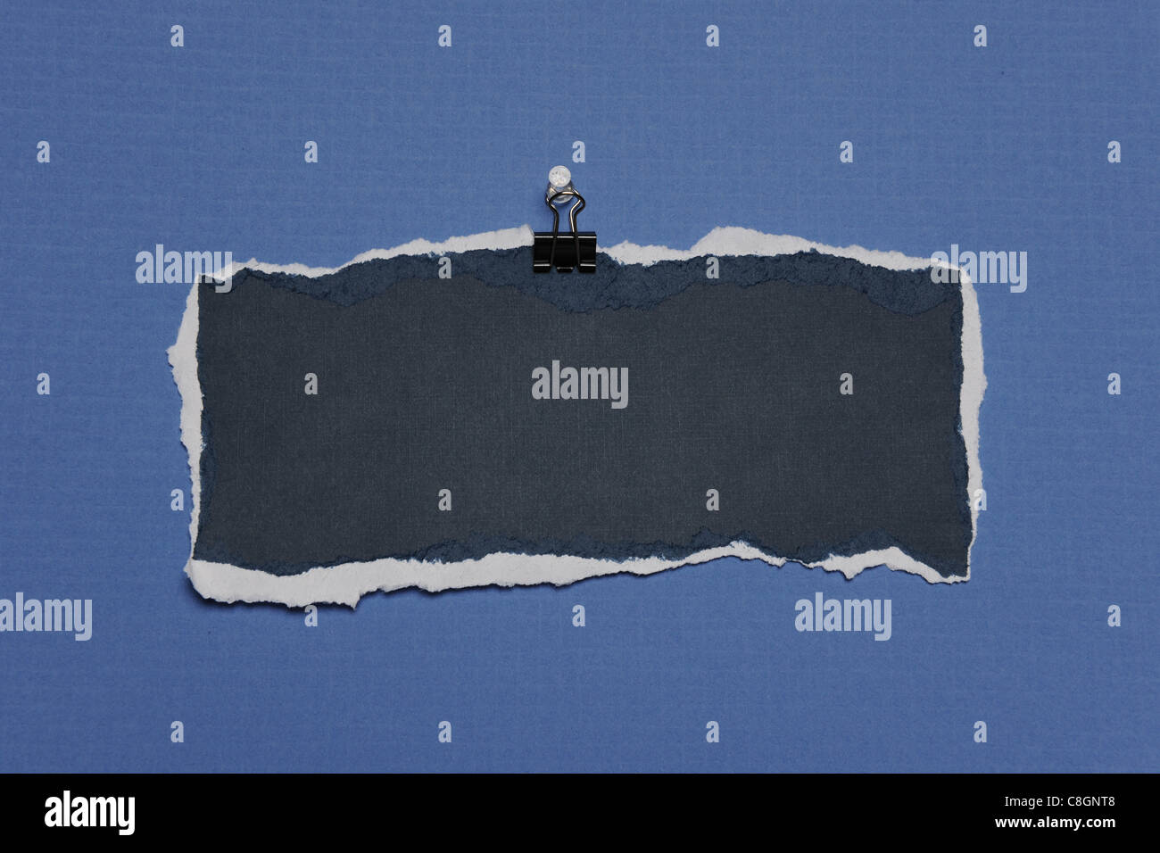 Piece of Rip Paper with white edges on a clip against a blue background ...