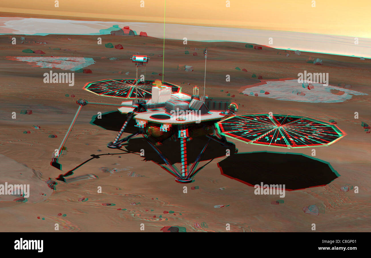 NASA's Phoenix Mars Lander, shown in this stereo illustration, is fully ...