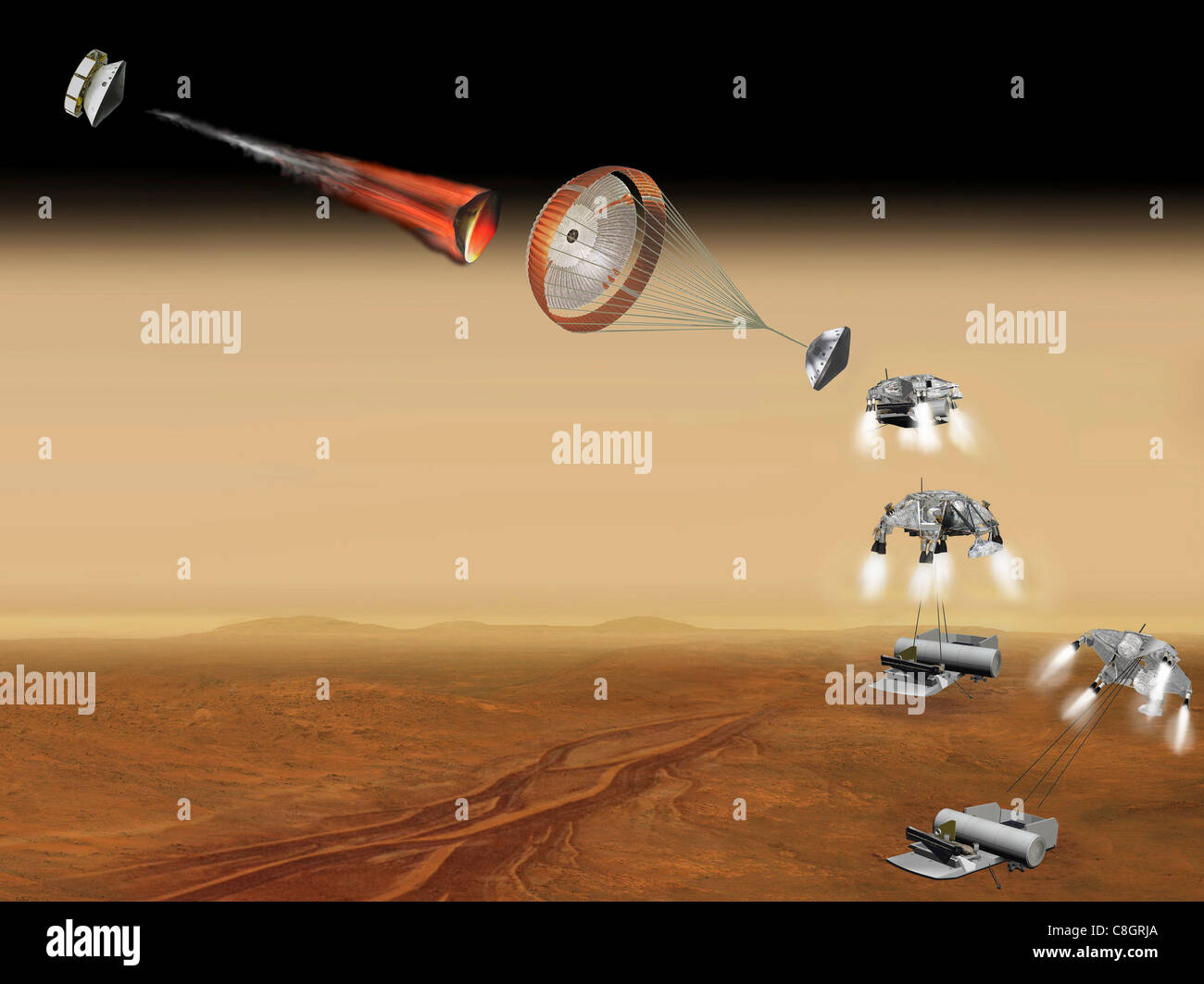 An artist's concept of a Mars sample return mission, showing the ...