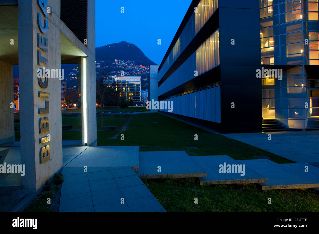 Lugano, university, Switzerland, Europe, canton, Ticino, dusk, light ...