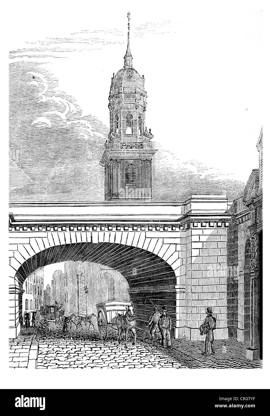 New London Bridge Arch over Thames street tower spire cobbles cobbles ...