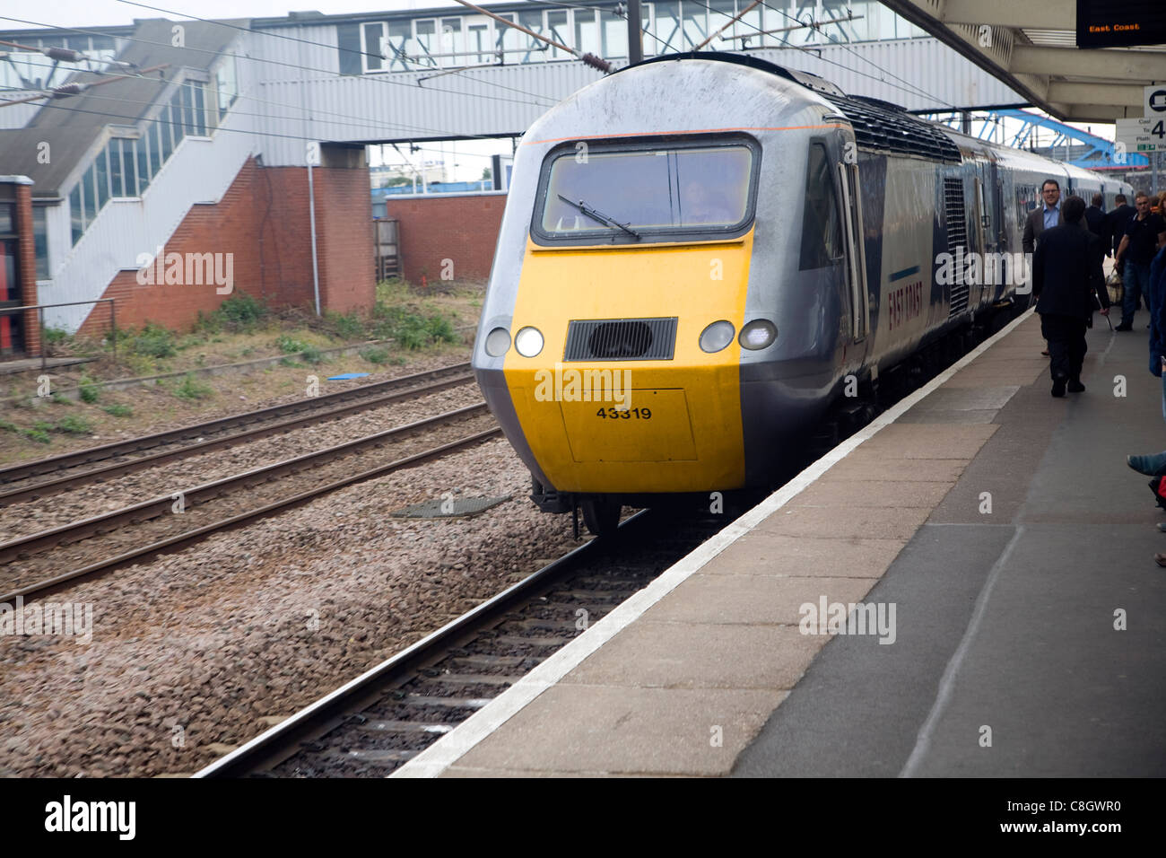 East Coast mainline train at platform, Peterborough station, England ...