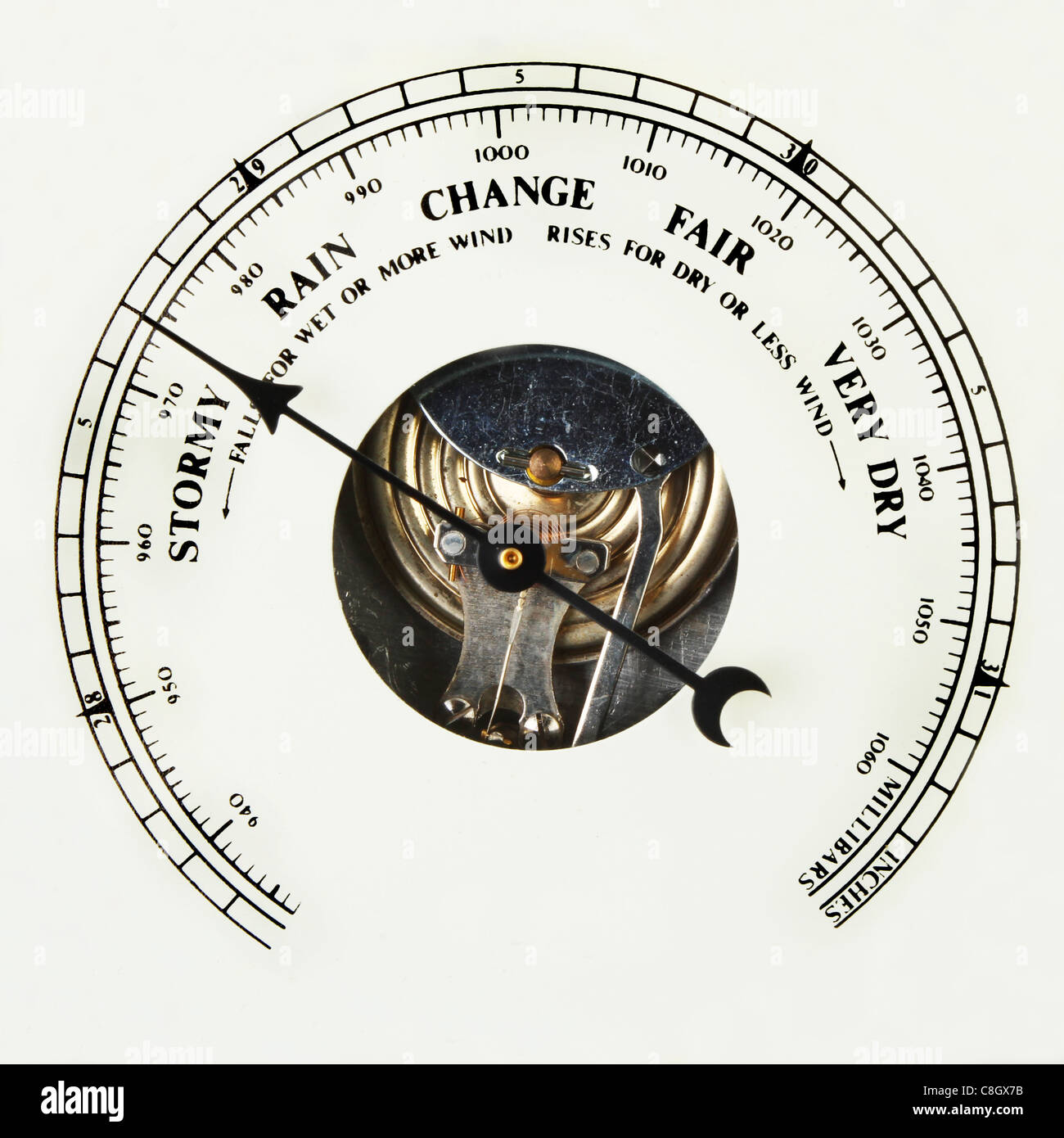 Closeup of the dial of an aneroid barometer set to stormy Stock Photo ...