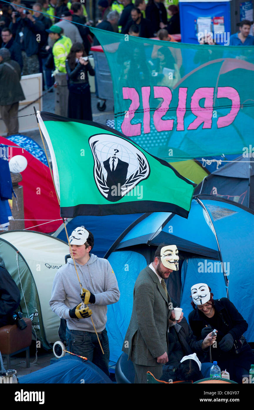 The Anonymous UK flag flies at the campsite of Occupy London, outside ...