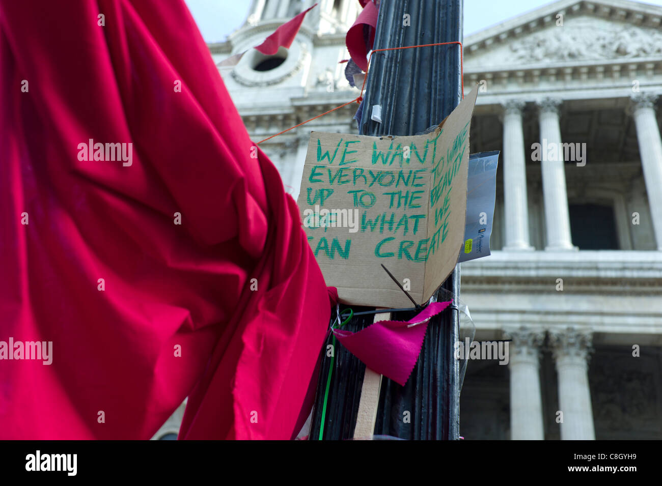 Placards with slogans and banners at the anti Capitalist protest St ...