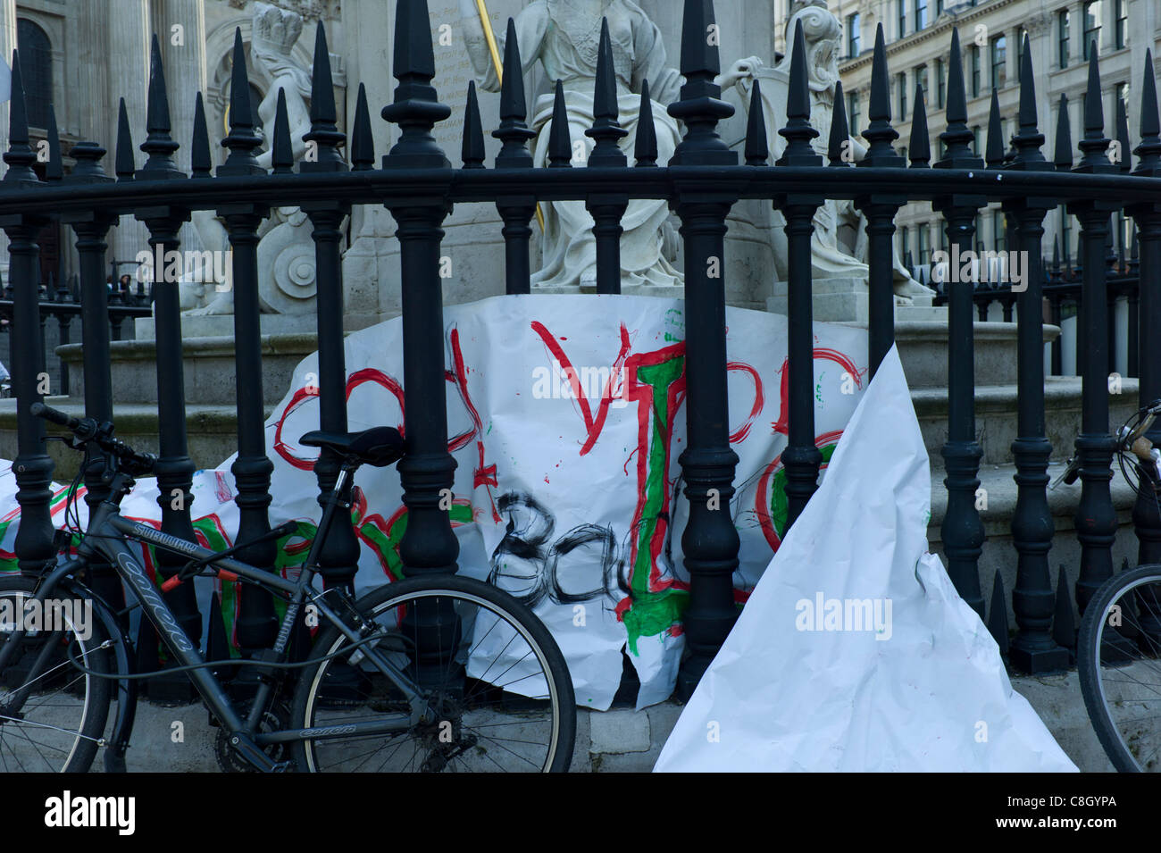 Placards with slogans and banners at the anti Capitalist protest St ...