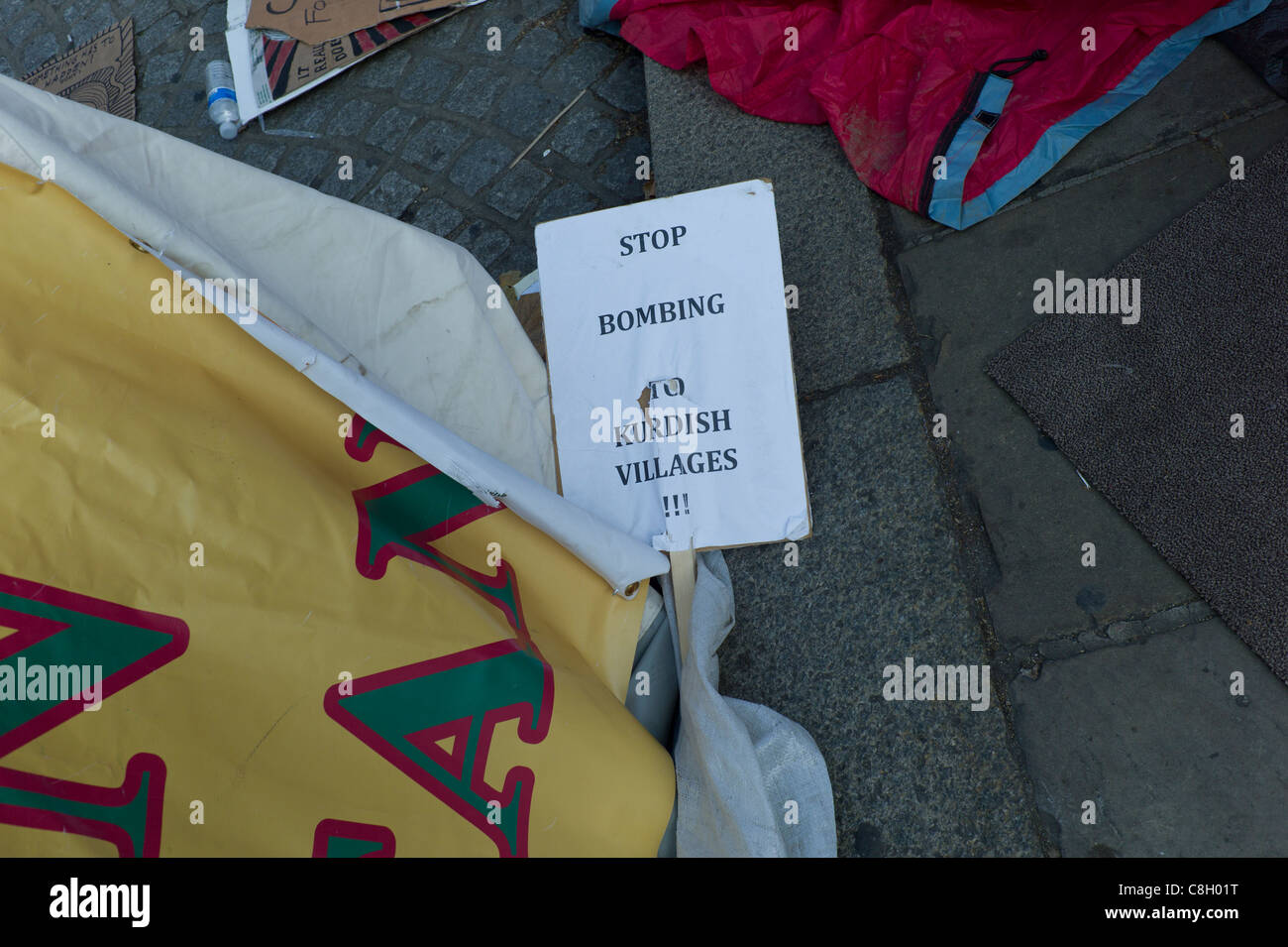 Placards with slogans and banners at the anti Capitalist protest St ...