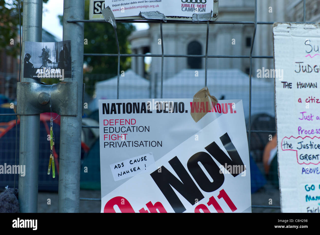 Banners, or, placards, or slogans or protesters at the anti Capitalist ...