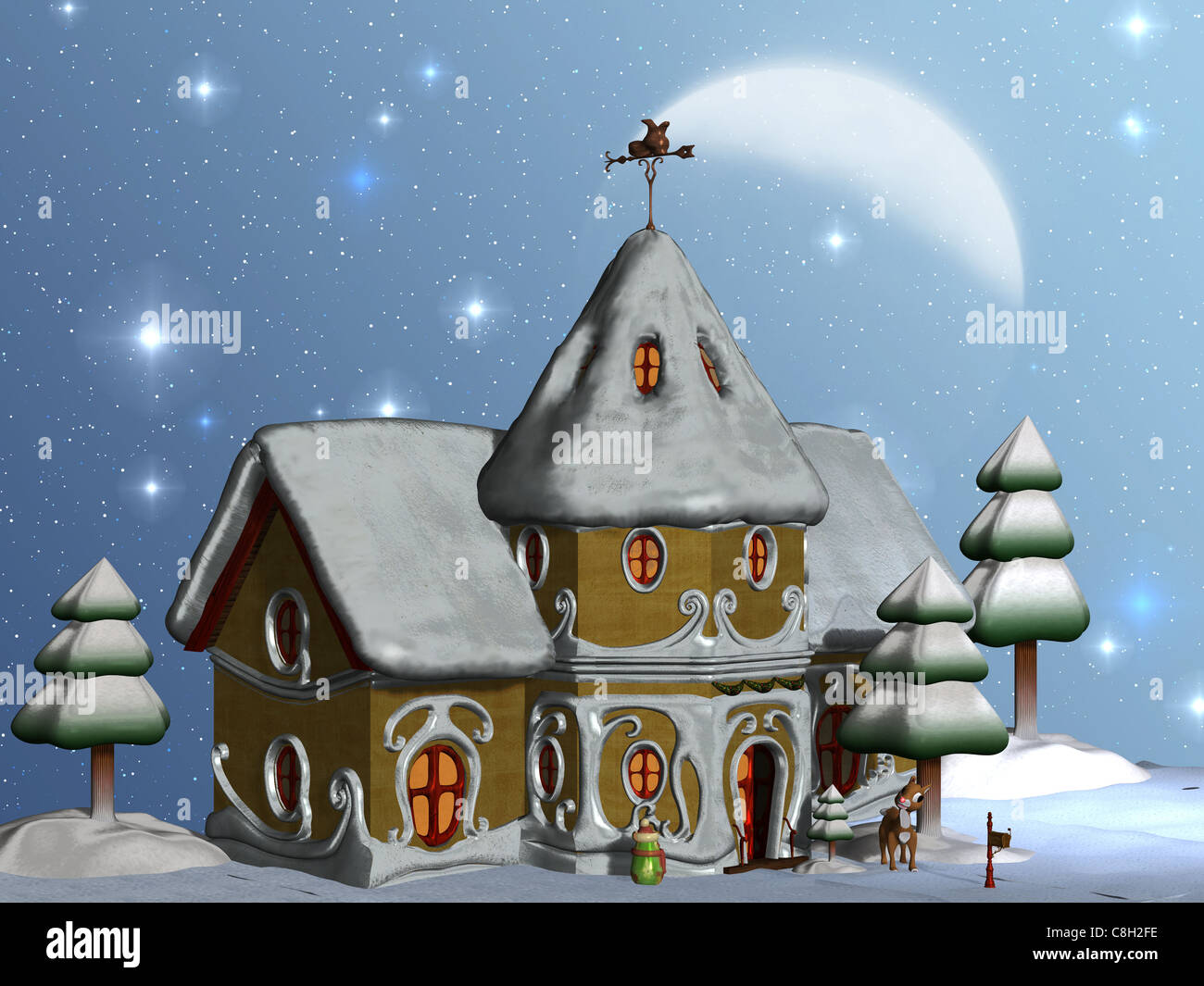 Santa's house is full of light and Rudolf waits to welcome visitors ...