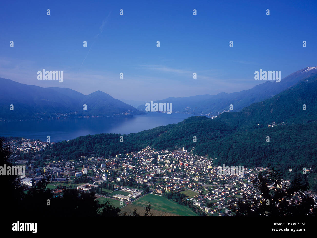 Switzerland, Europe, Ticino, Ticino, Losone, lake, Lago Lario, town ...