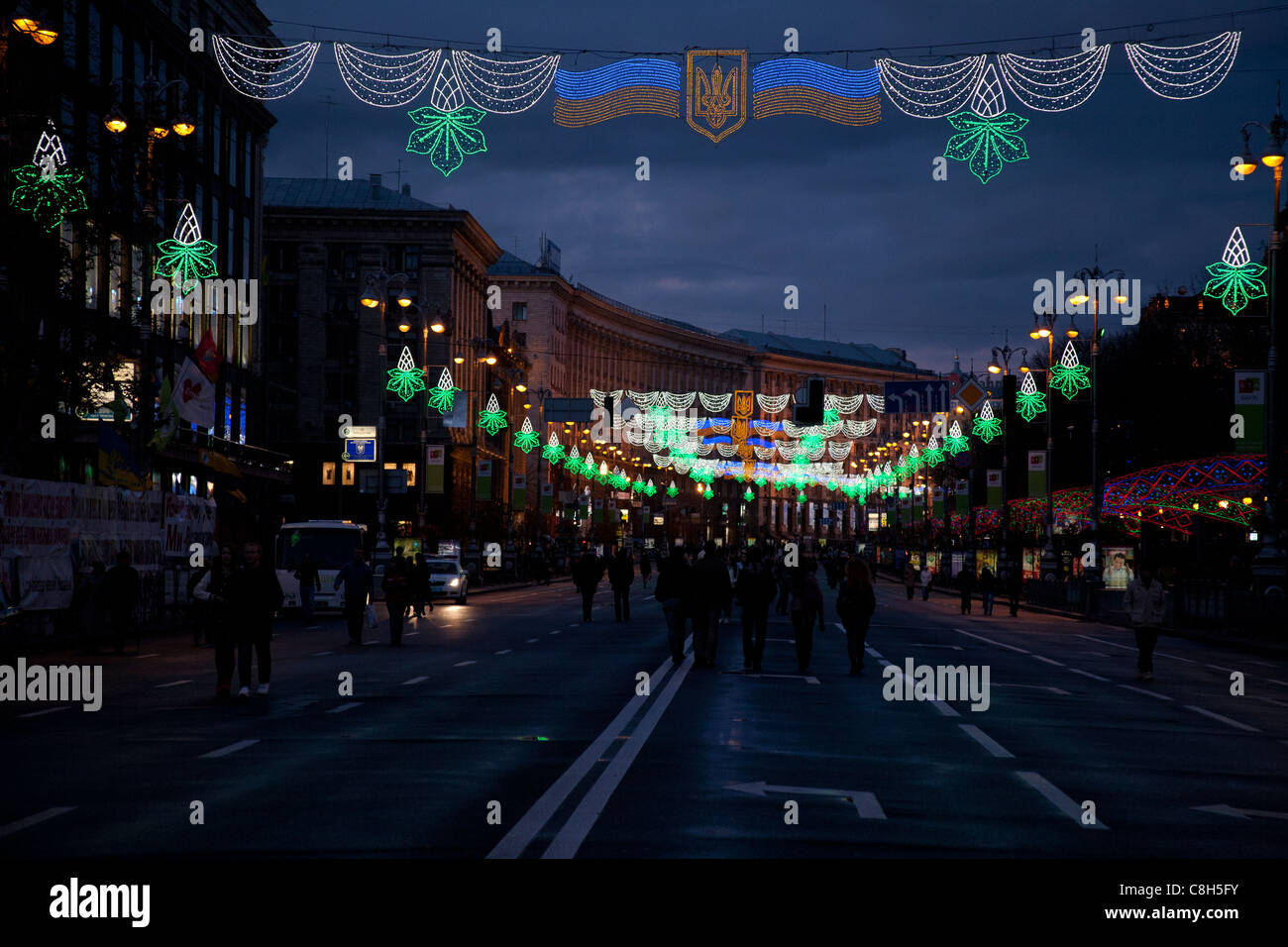 The neon lights at night of Kreschatik Street Kiev Ukraine Stock Photo ...