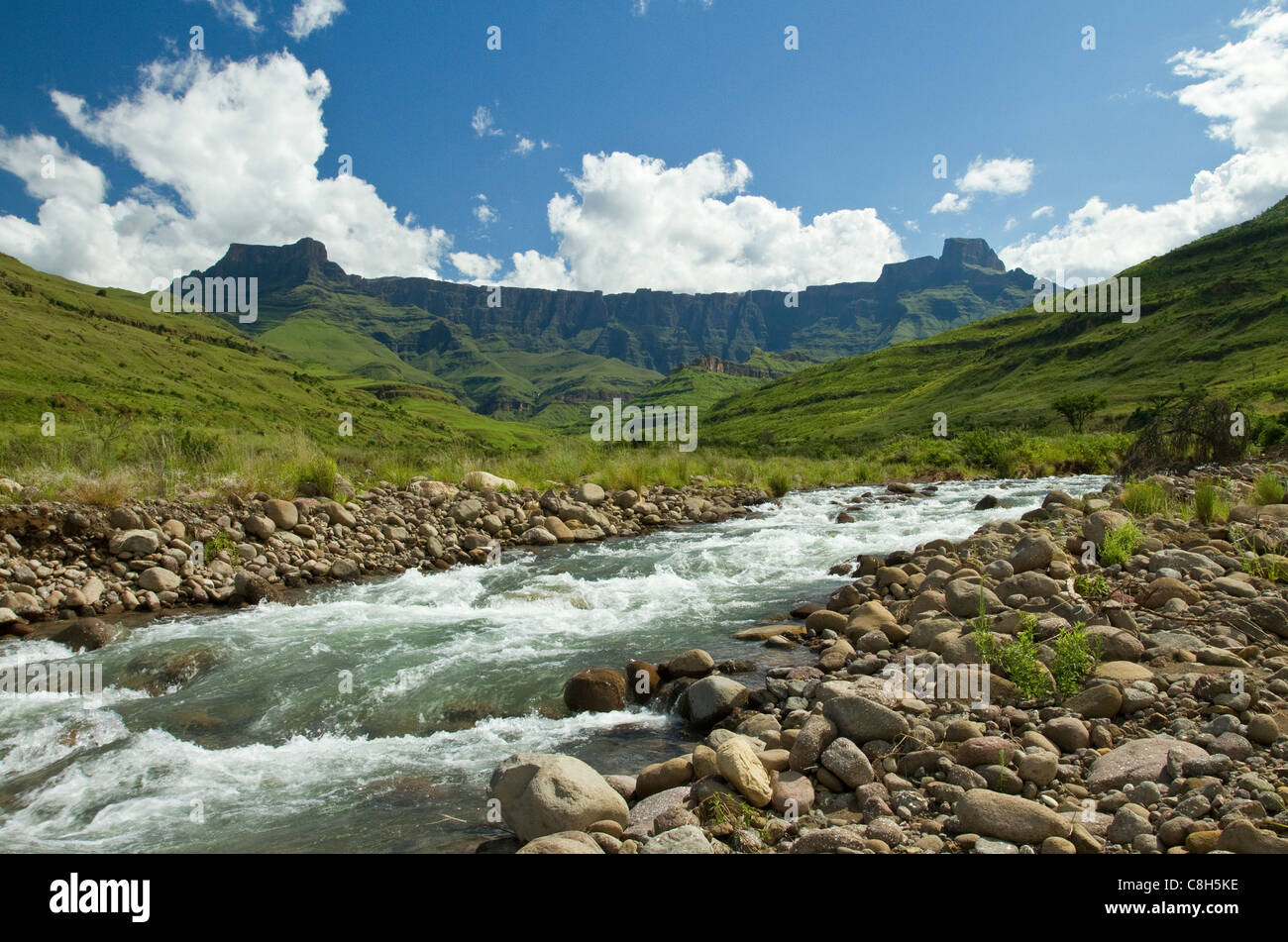 View of Ampitheatre Drakensberg Mountains from Tugela River below ...