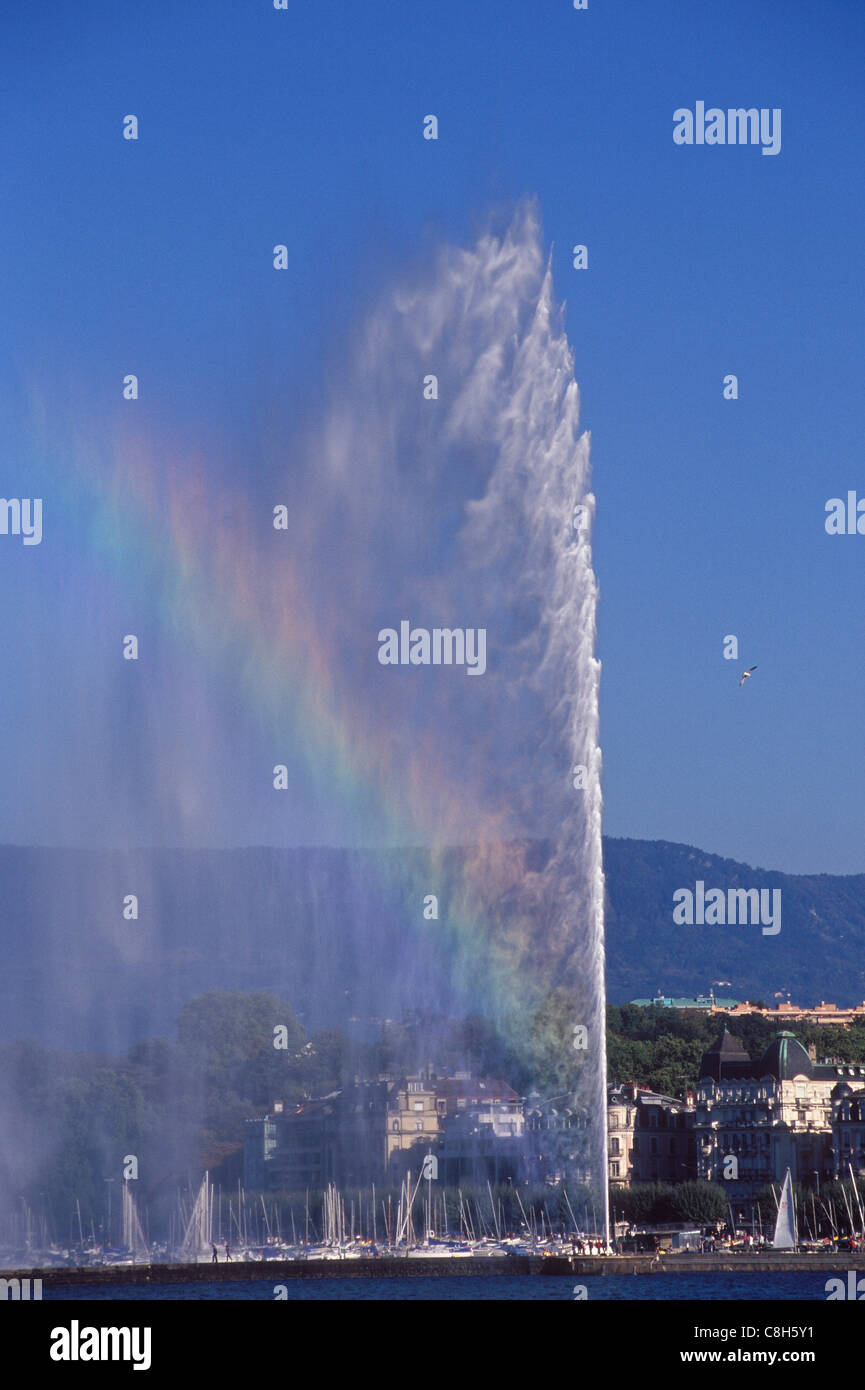 Switzerland, Europe, Genève, Geneva, scenery, panorama, ship, Jet d'eau ...