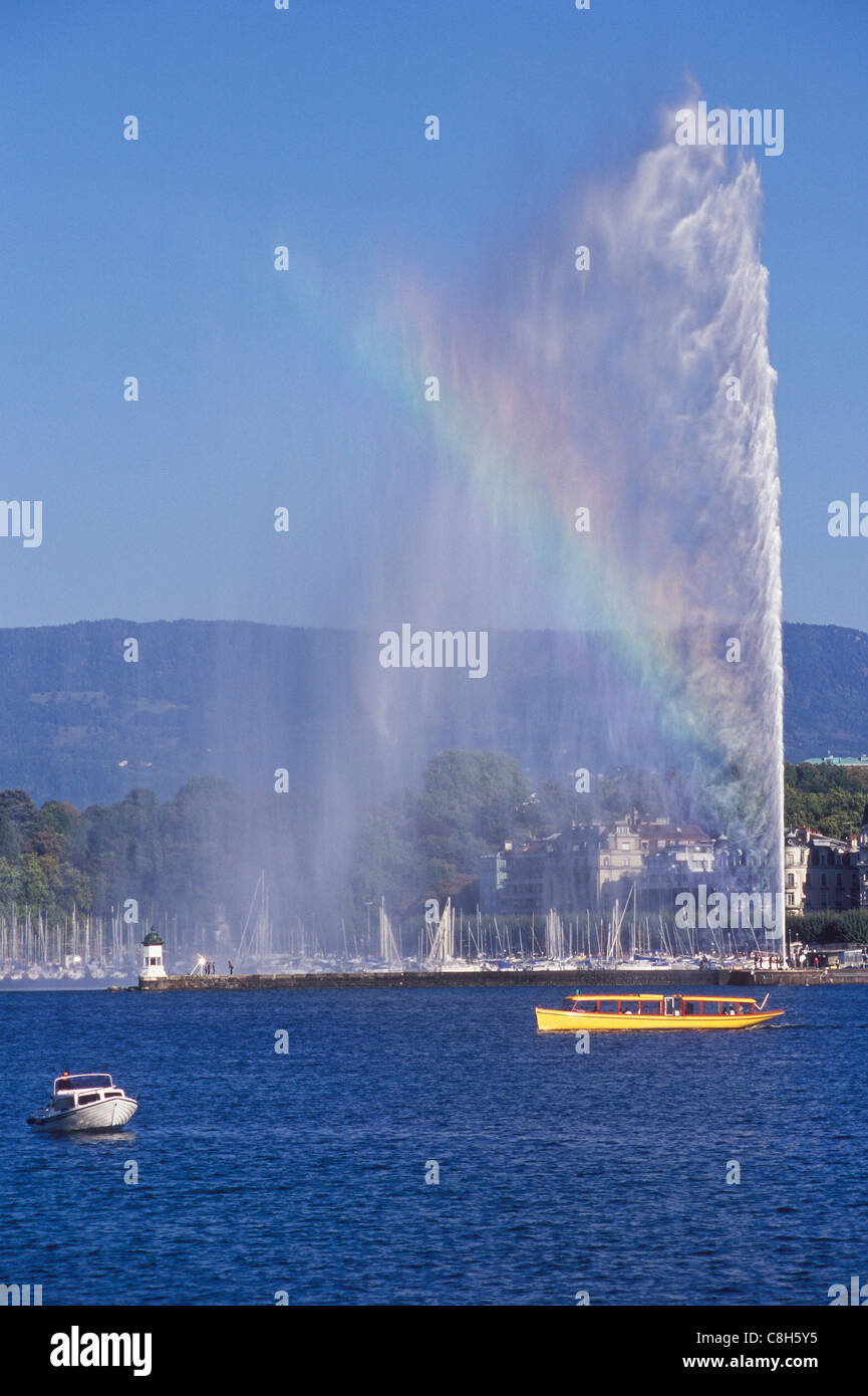 Switzerland, Europe, Genève, Geneva, scenery, panorama, ship, Jet d'eau ...
