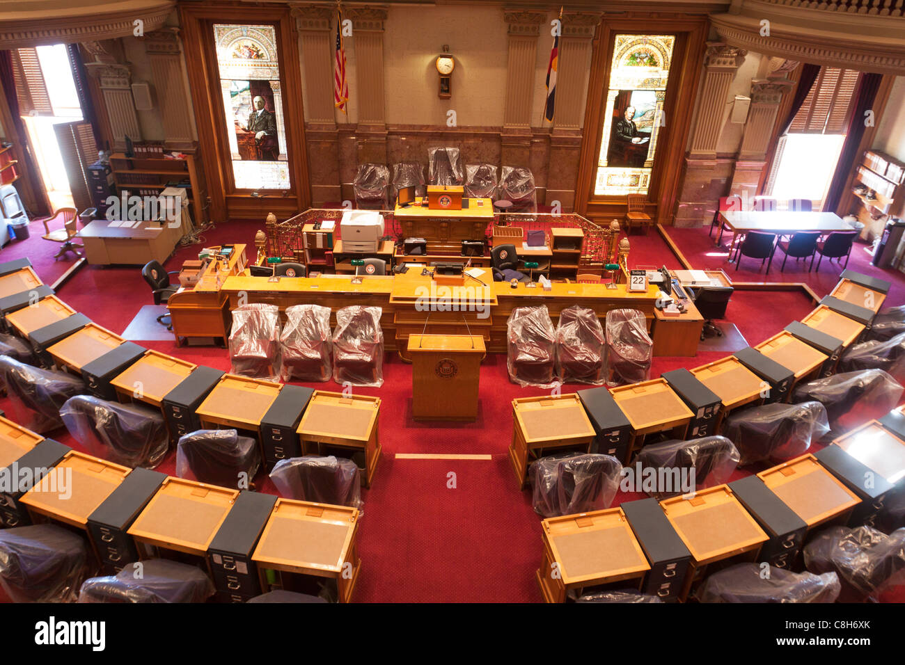 Center aisle through Senate chambers inside Colorado capitol state ...
