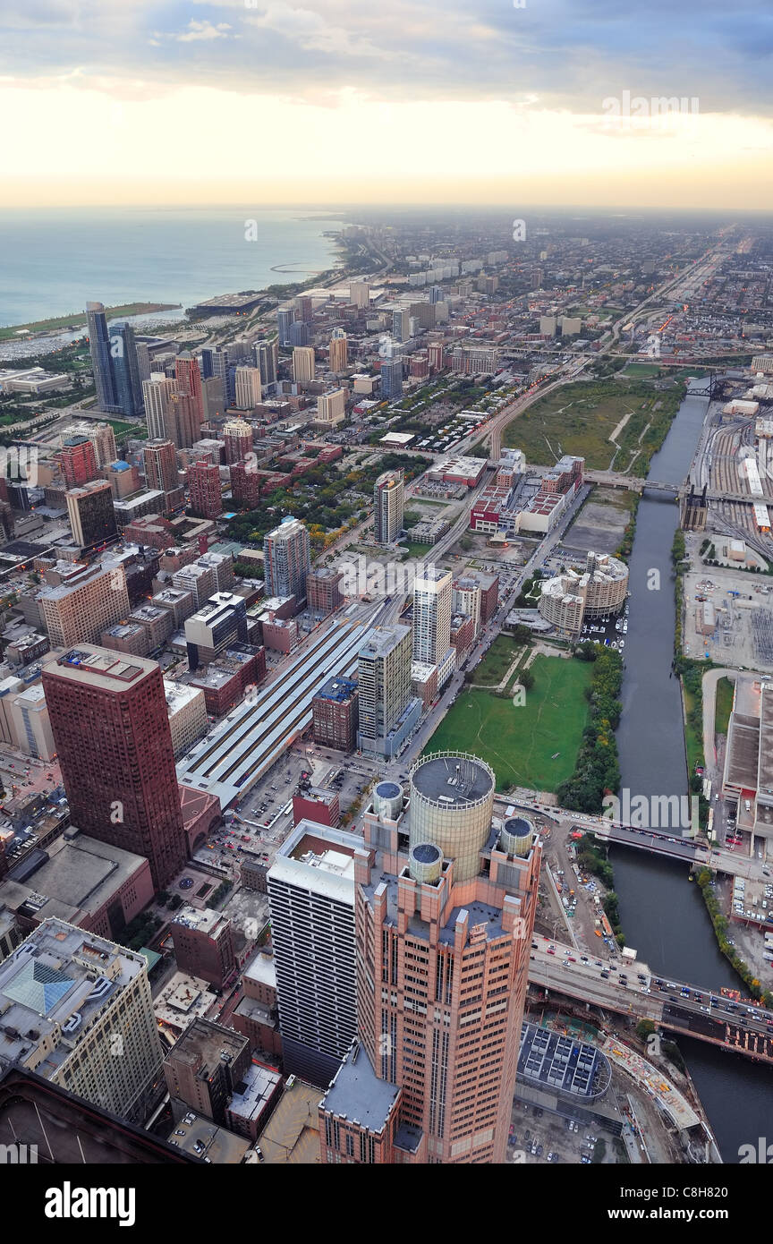 Chicago downtown aerial panorama view at sunset with skyscrapers and ...