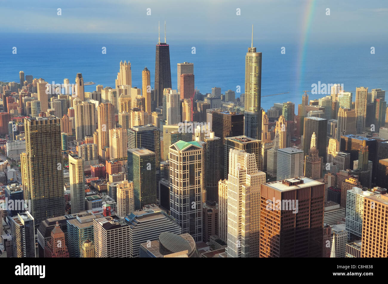 Chicago downtown aerial view at dusk with skyscrapers and city skyline ...