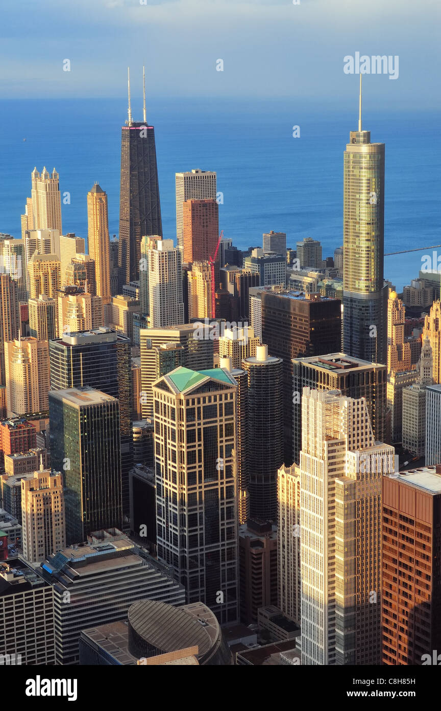 Chicago downtown aerial view at dusk with skyscrapers and city skyline ...