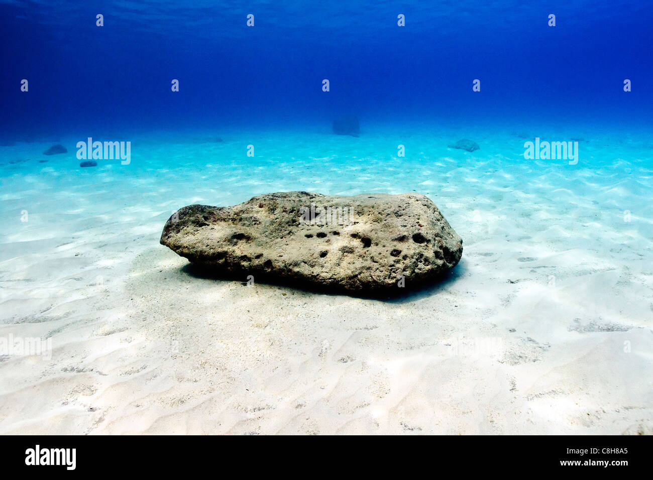 A lonely boulder rests on the sandy bottom of a clear tropical ocean ...