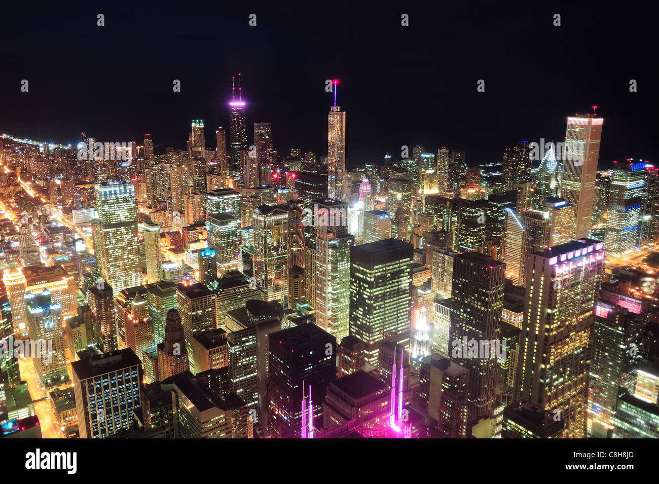 Chicago downtown aerial view at night with skyscrapers and city skyline ...