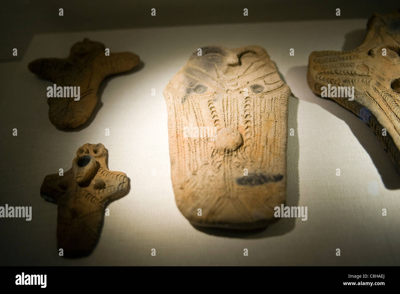 Photo shows examples of Jomon era clay figurines inside the Sanmaru Museum, which is located ...