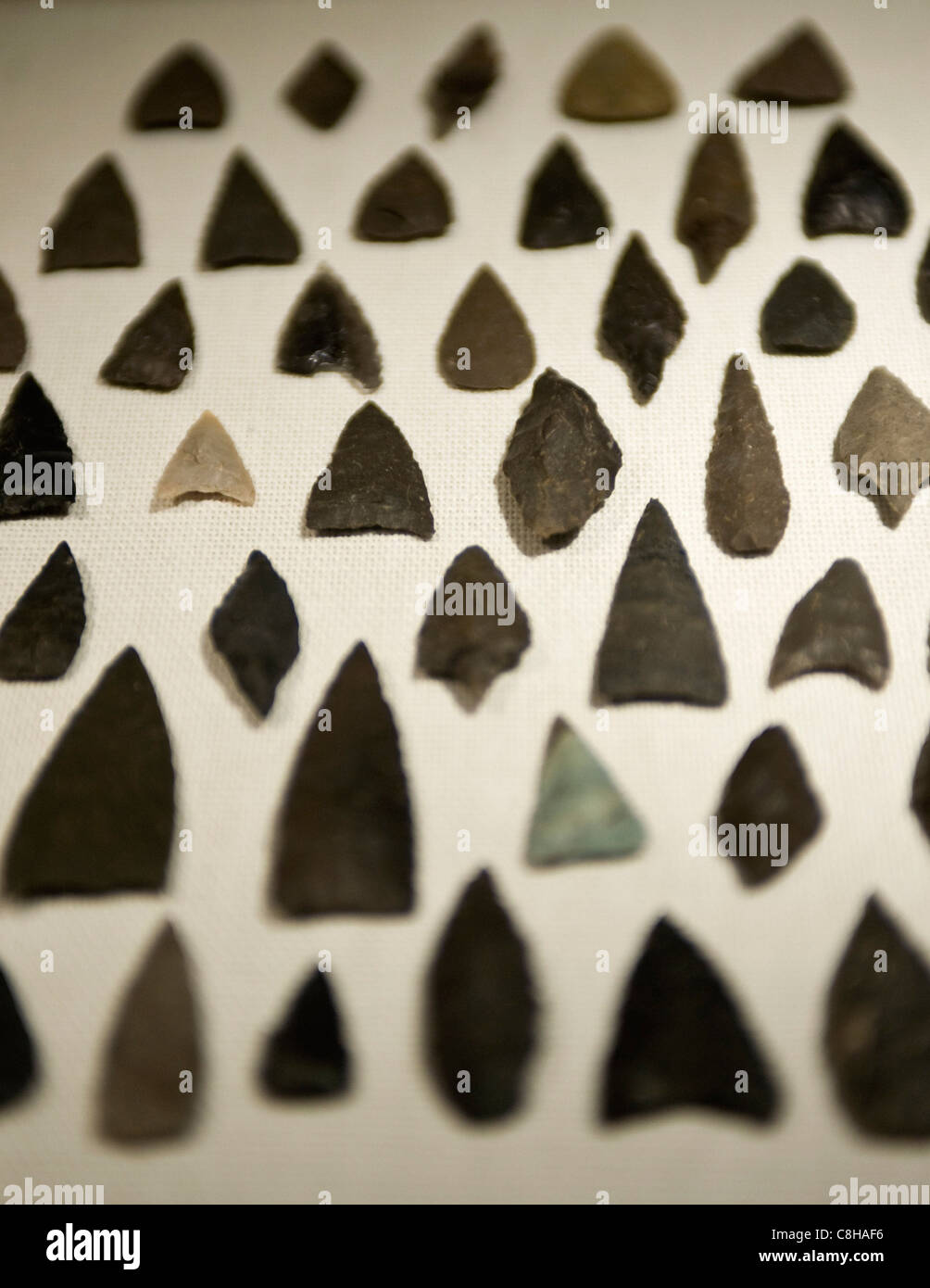 Photo shows examples of Jomon era arrow heads inside the Sanmaru Museum ...
