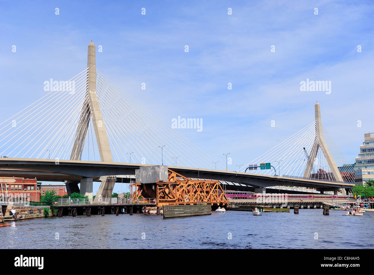Boston Leonard P. Zakim Bunker Hill Memorial Bridge with blue sky as ...
