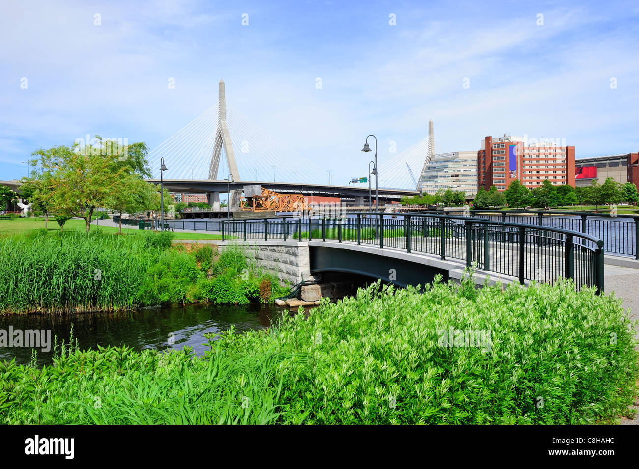 Boston Leonard P. Zakim Bunker Hill Memorial Bridge with blue sky in ...