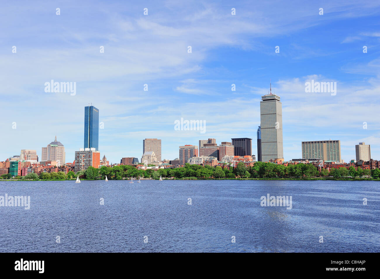 Boston Charles River with urban city skyline skyscrapers and boats with ...