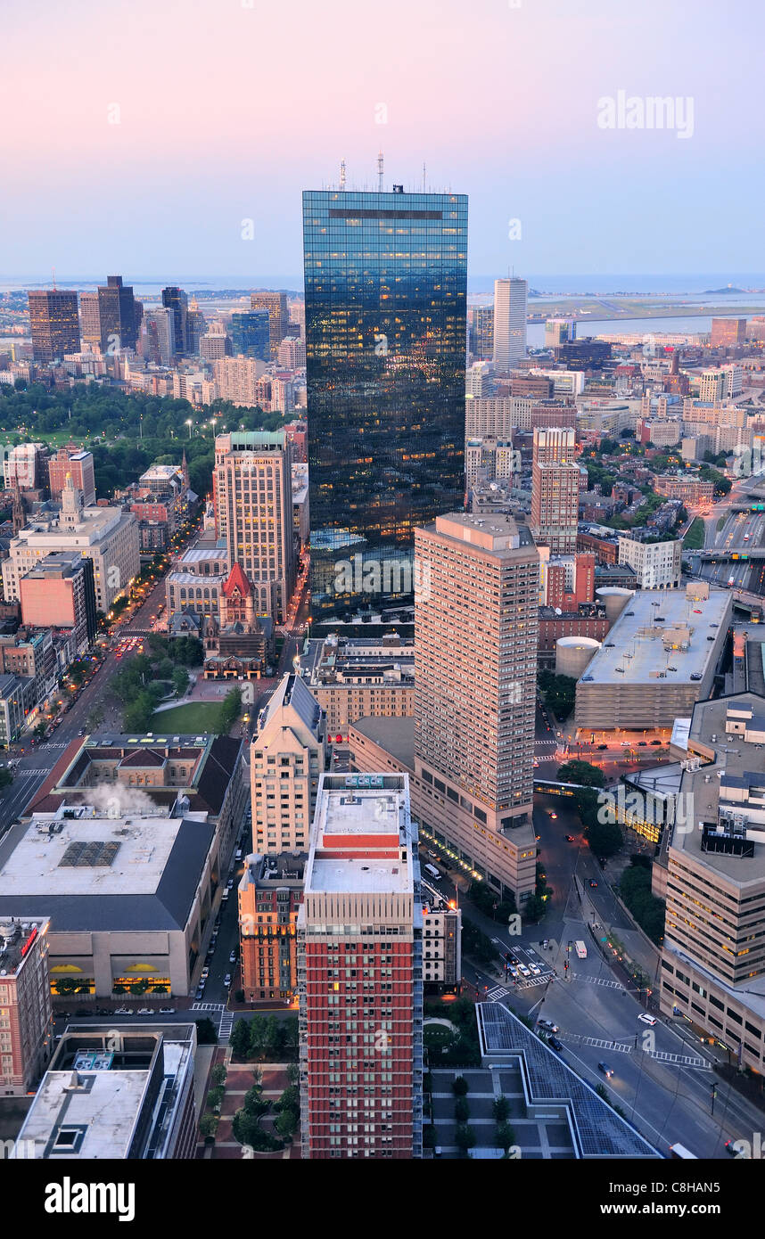 Urban city aerial view. Boston aerial view with skyscrapers at sunset ...