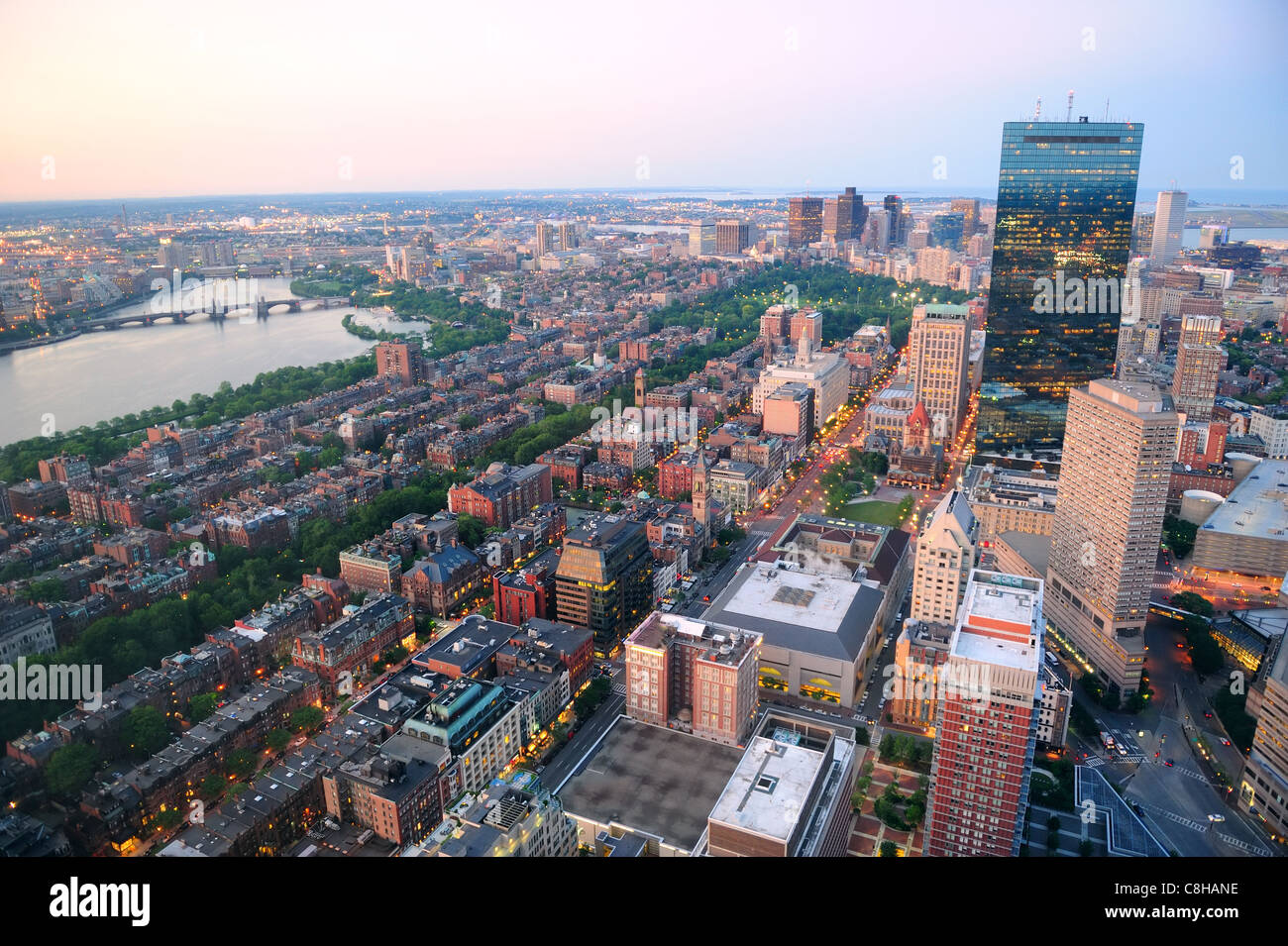 Urban city aerial view. Boston aerial view with skyscrapers at sunset ...