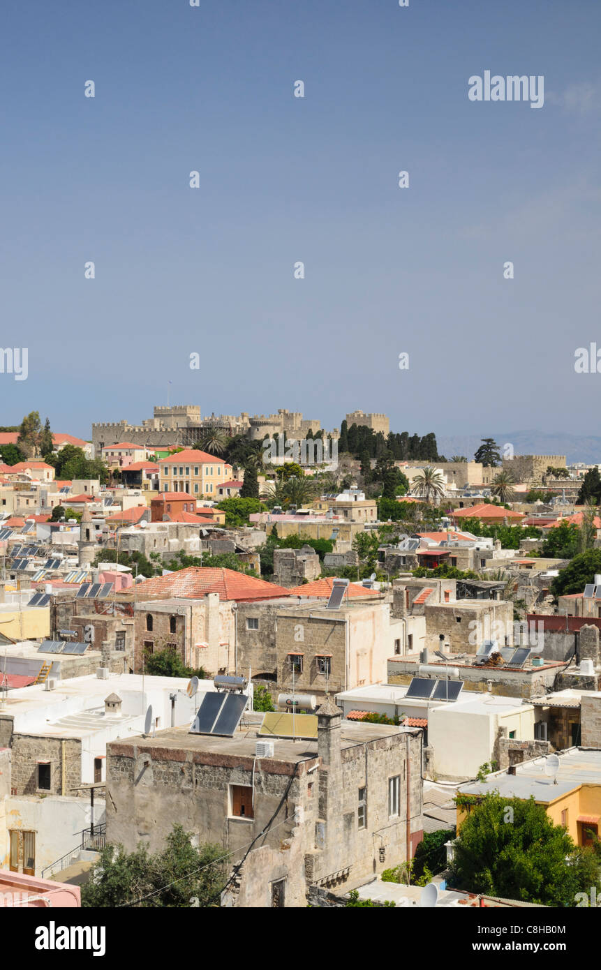 Rooftop views of medieval Rhodes Town towards the Palace of the Grand ...