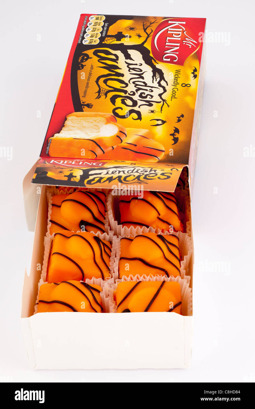Box of Mr Kipling Fiendish Fancies vanilla topped buns Stock Photo - Alamy