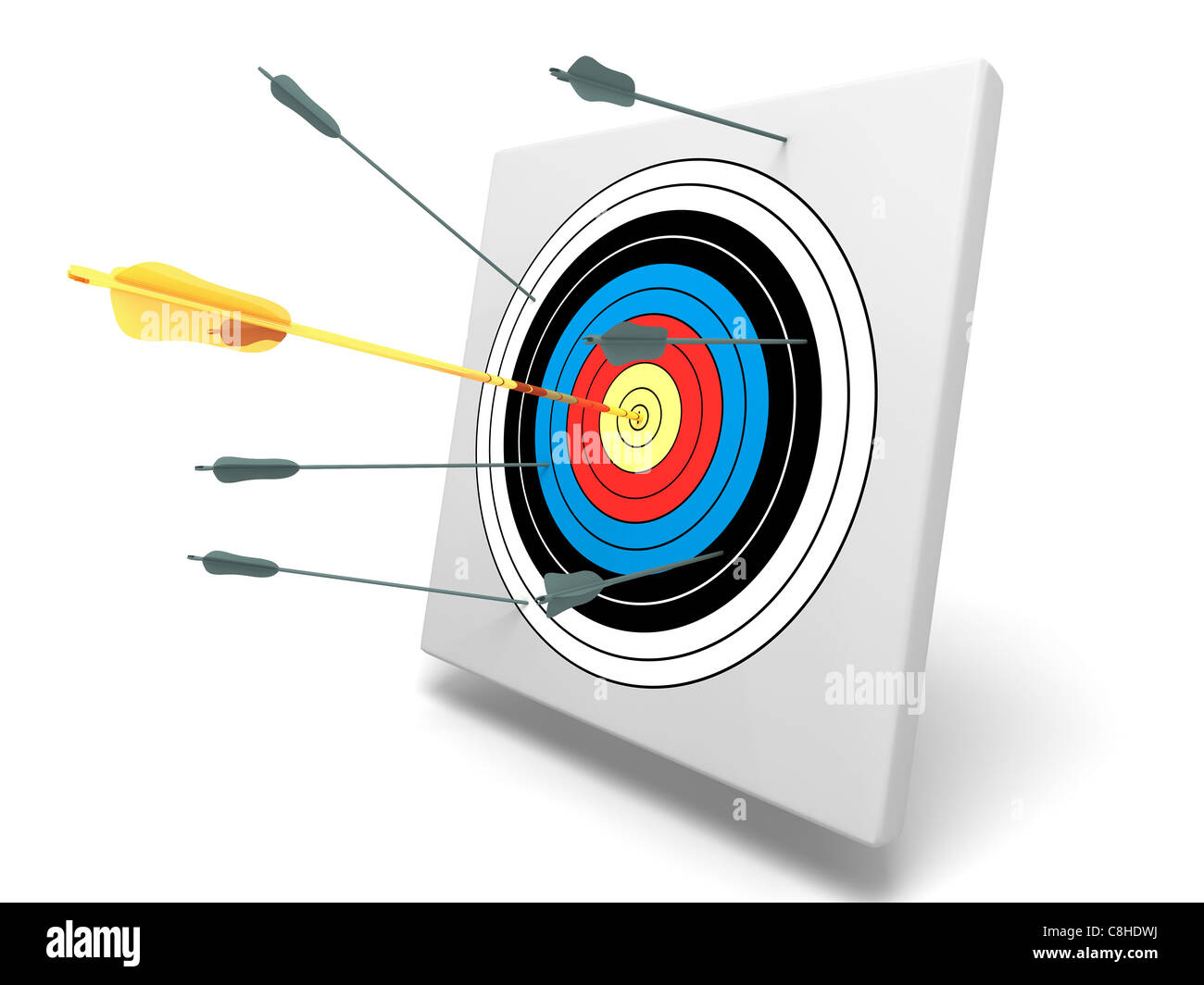 Gold arrow in center with some other bad grey arrows Stock Photo - Alamy