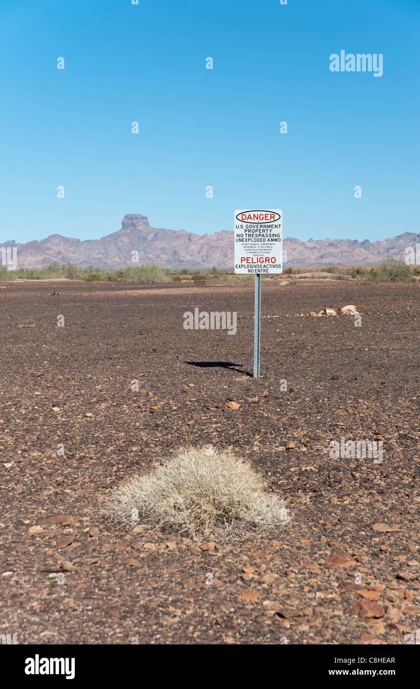 A warning sign along Route 95, near the Yuma Proving Grounds near Yuma ...