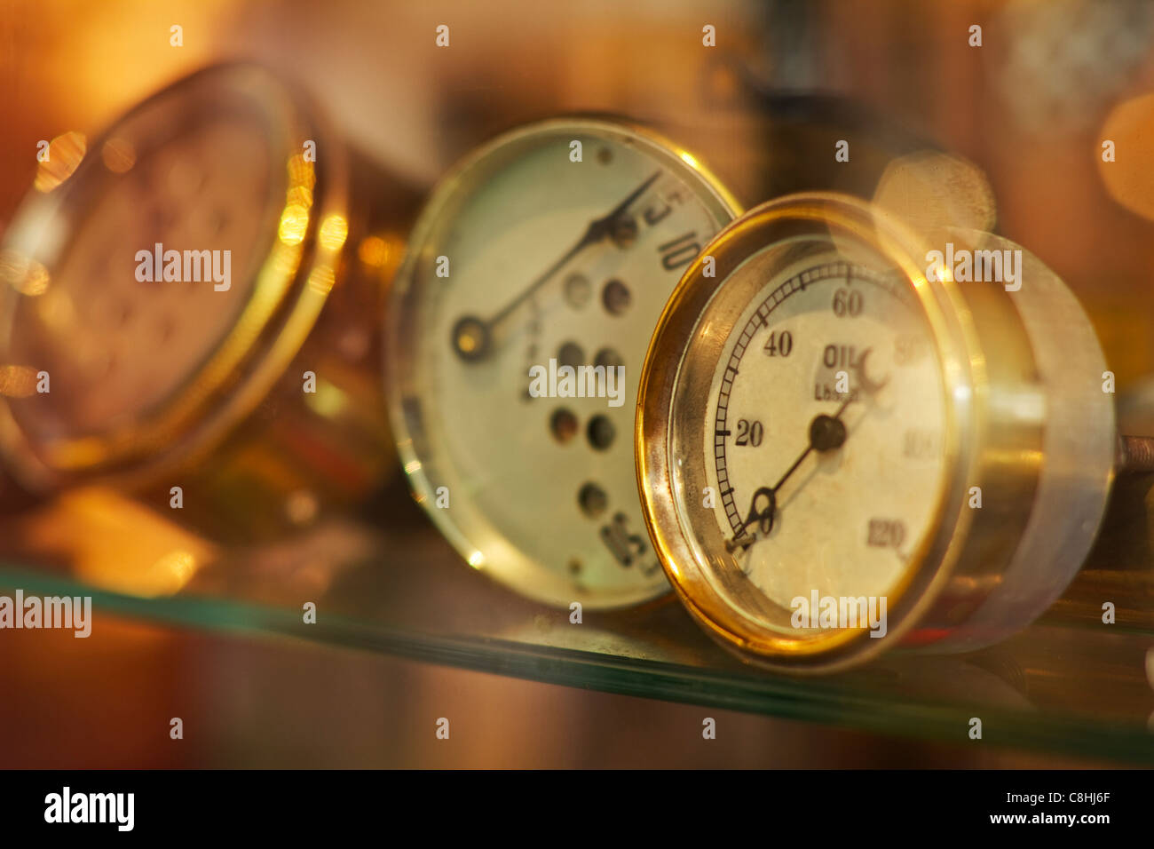 Collection of automobile gauges on display in the garage at Beamish ...
