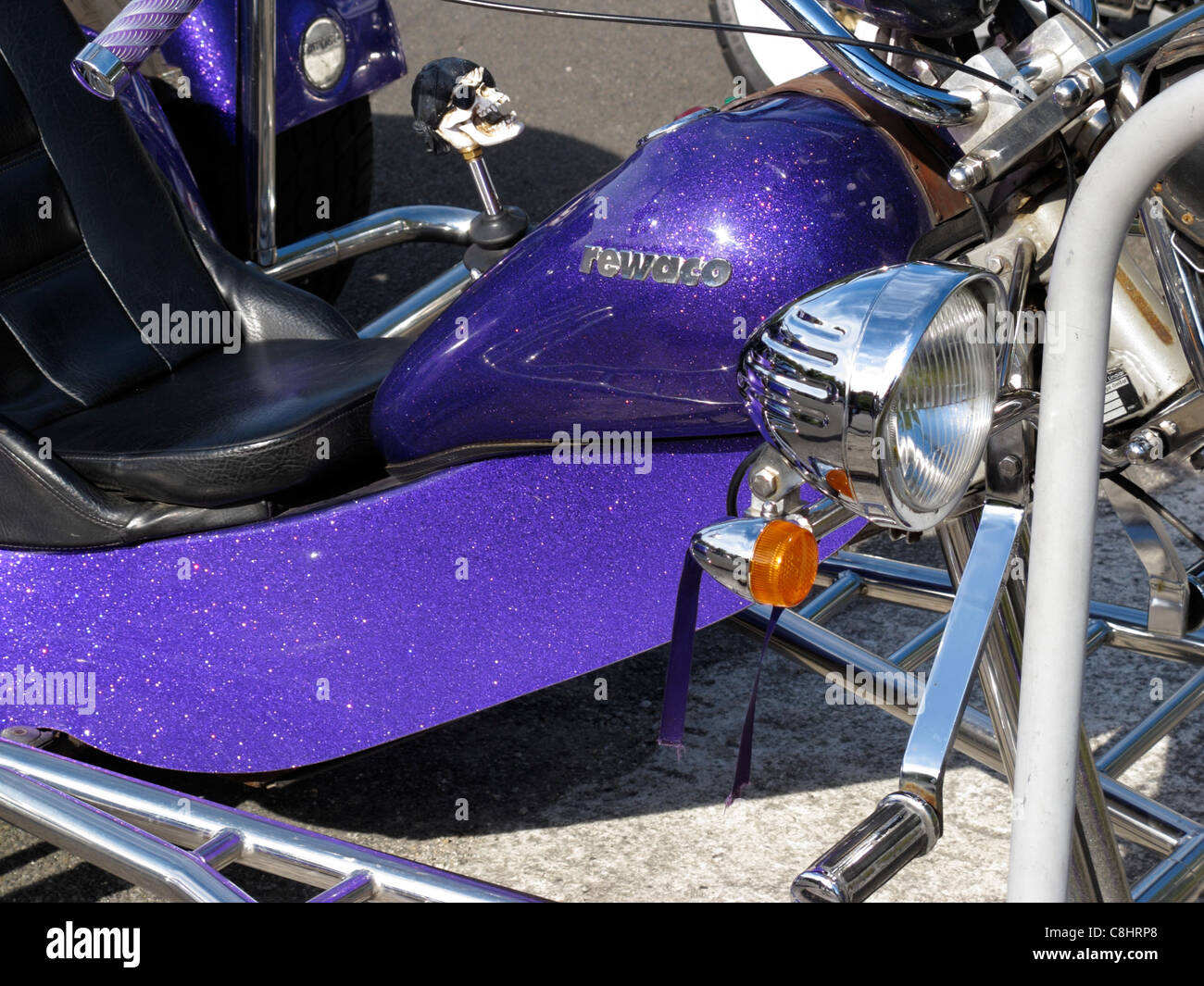 chrome headlamp and metallic paintwork on custom motorcycle Derbyshire ...