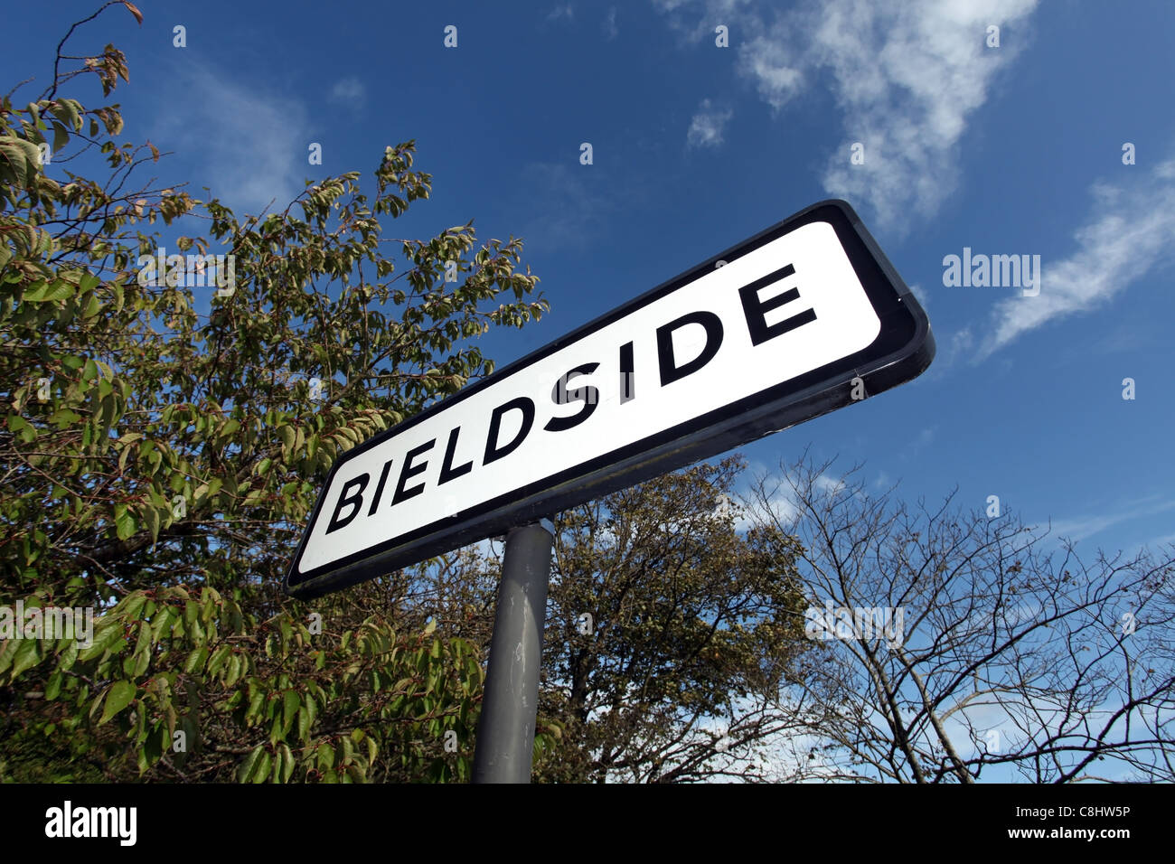 Sign at the entrance of the Deeside village of Bieldside near Aberdeen ...