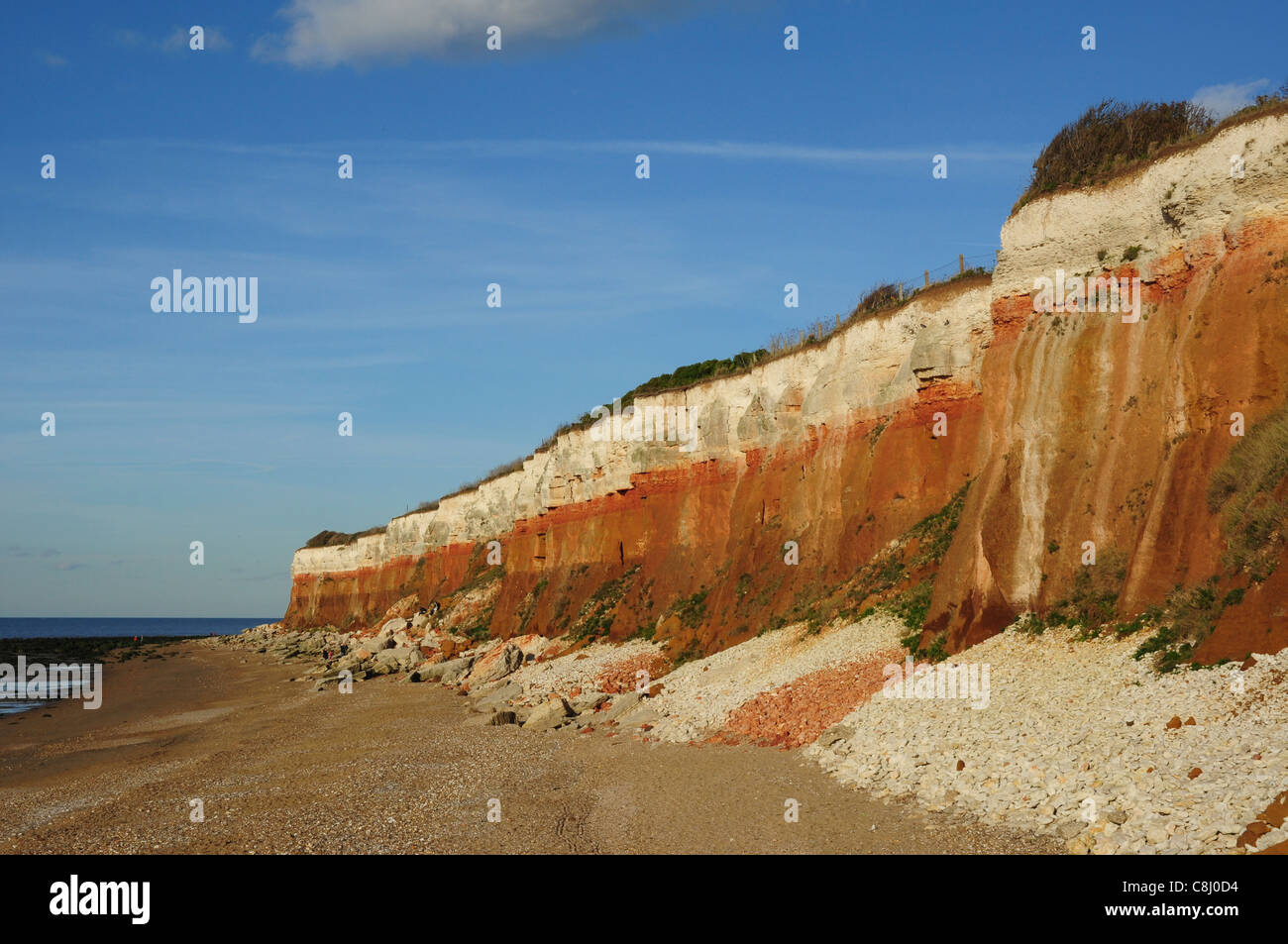White chalk, red chalk and carstone cliffs, Hunstanton, Norfolk ...