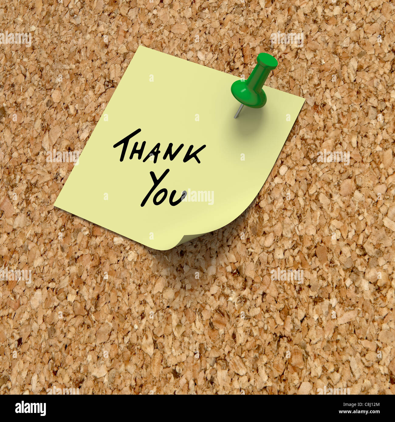 Thank you post-it note with green pushpin on corkboard Stock Photo - Alamy