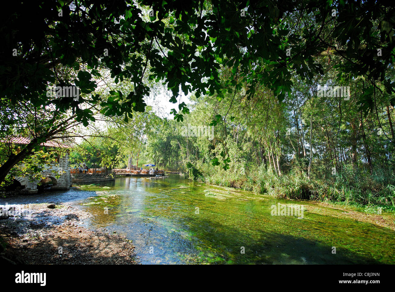 AKYAKA, TURKEY. A view of the Azmak river, with a restaurant on the ...