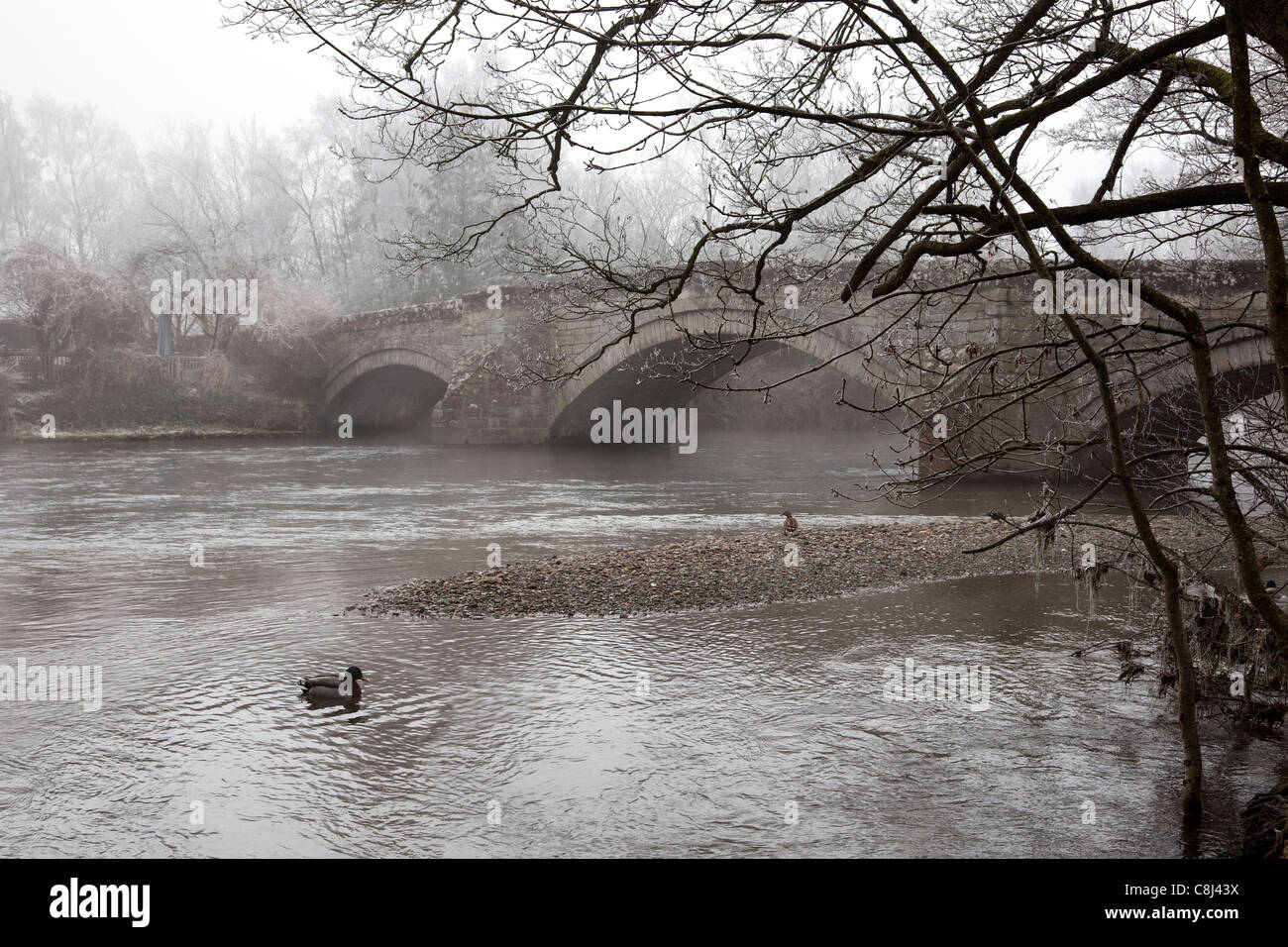 Bridge over the River Eamont in the winter mist, Pooley Bridge ...