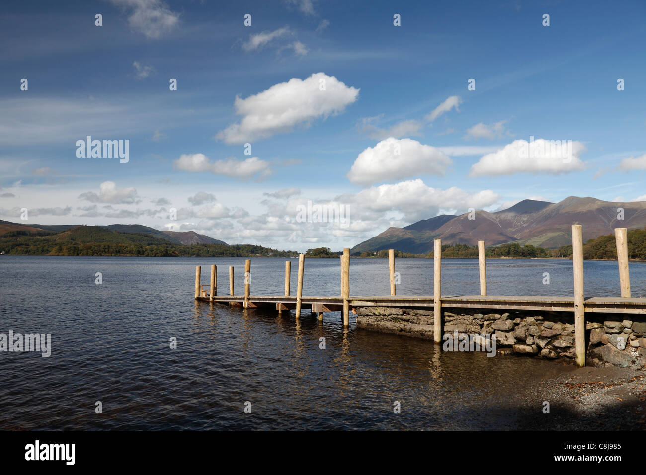 Wooden jetty on lake shore and cloudy blue sky, "Derwent Water ...