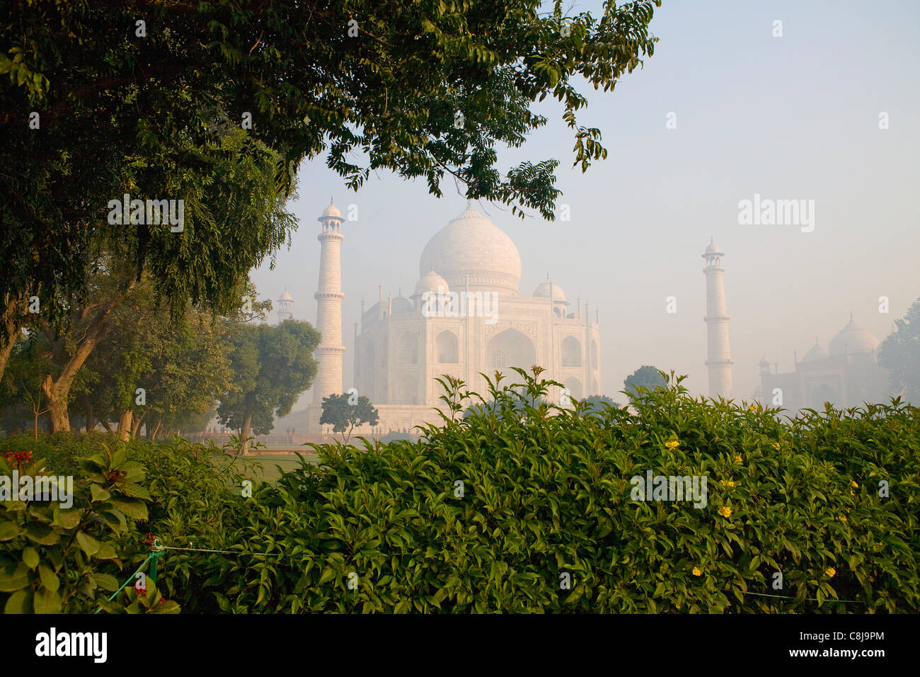 The Taj Mahal seen through the haze of a morning ground fog at Agra ...