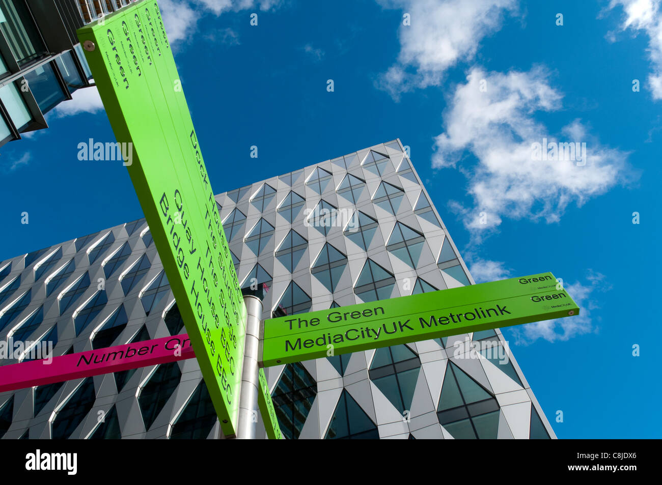 Signpost at MediaCityUK, Salford Quays, Manchester, England, UK Stock ...